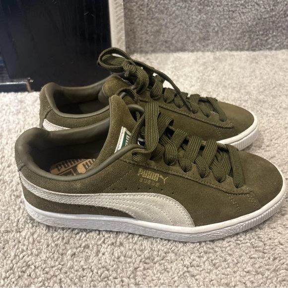 Puma | Shoes | Puma Suede Olive Sneakers With White Detail | Poshmark